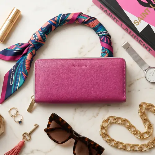 CASUPO Large Zipper Wallet With Detachable Key Ring - Fuchsia