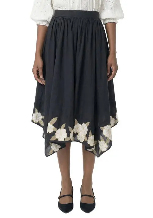 AREA STARS Black Floral-hem Midi Skirt