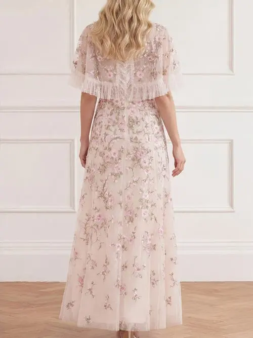NEEDLE & THREAD Eden Rose Cape Ankle Gown - Cream/multi
