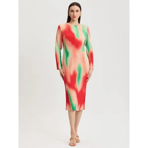 Misook Micro Pleated Print Crepe Midi Dress - Cherry Ember/peach/green