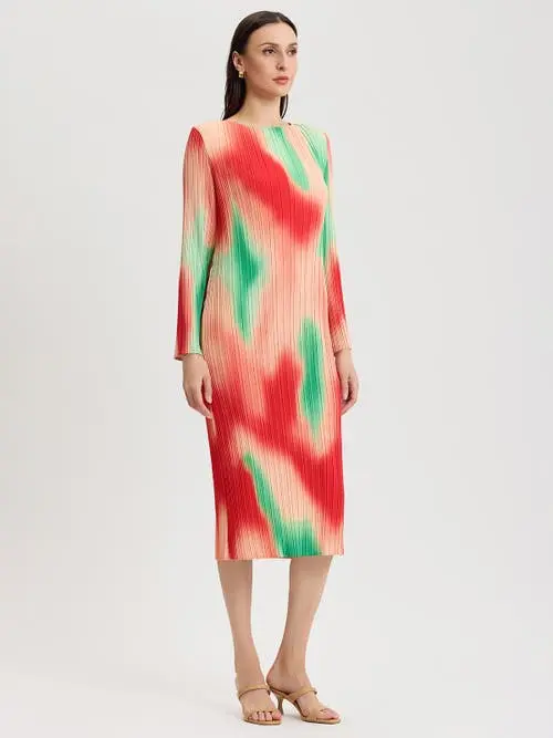 Misook Micro Pleated Print Crepe Midi Dress