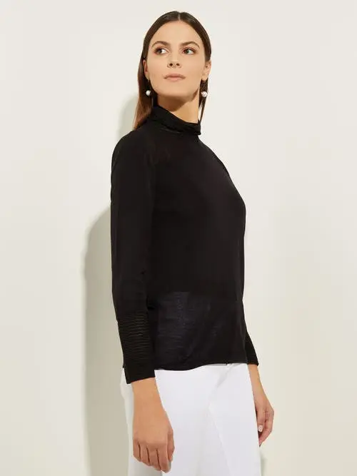 Misook Sheer Inset Turtleneck With Ribbed Accents
