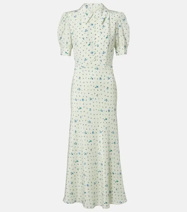 Alessandra Rich Aqua-blue Floral Silk Midi Dress - Green