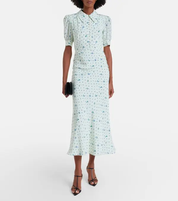 Alessandra Rich Aqua-blue Floral Silk Midi Dress - Green