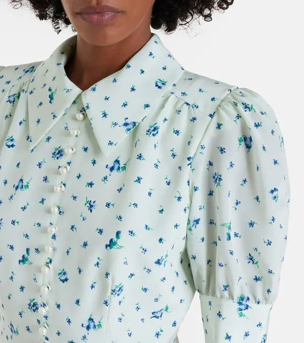 Alessandra Rich Aqua-blue Floral Silk Midi Dress - Green