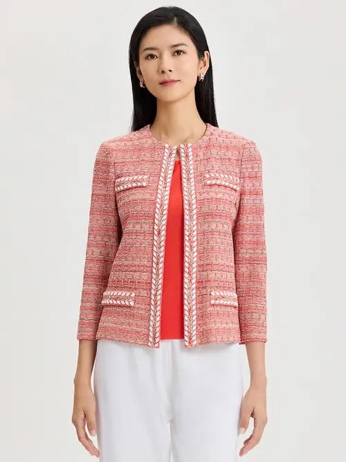 Misook Heritage Whipstitch Trim Knit Jacket - Cherry/biscotti/black