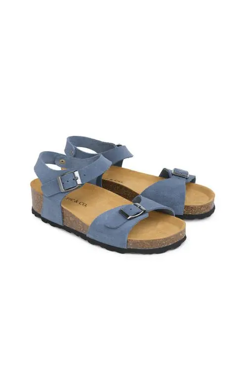CELTIC & CO. Suede Low Wedge Sandal With Double Buckle - Cobalt