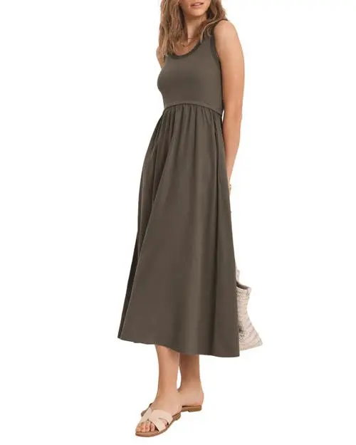 Mint Velvet Ruched Trim Cotton Midi Dress - Khaki