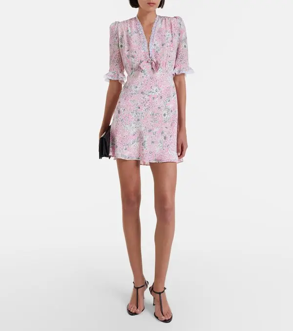Alessandra Rich Lace-trimmed Floral Silk Mini Dress - White