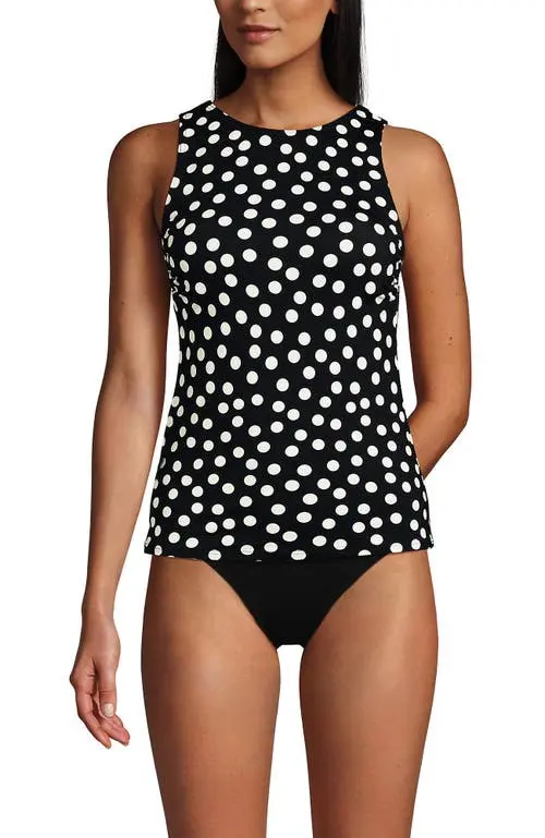 LANDS' END Dd-cup High Neck Upf 50+ Sun Protection Modest Tankini Swimsuit Top - Black/egret White Tossed Dots