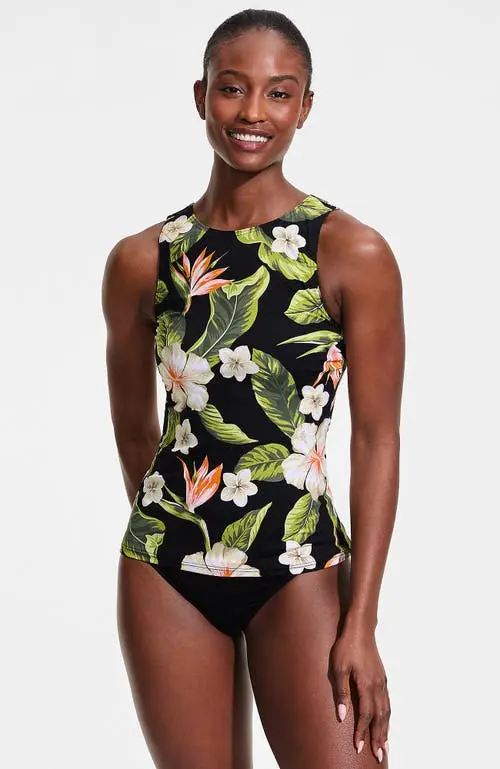LANDS' END Dd-cup High Neck Upf 50+ Sun Protection Modest Tankini Swimsuit Top - Hibiscus Floral/black