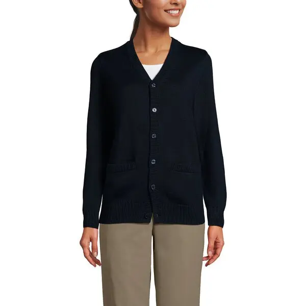 LANDS' END School Uniform Adult Legacy Varsity Cardigan - Classic Navy