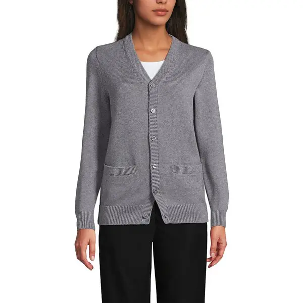 LANDS' END School Uniform Adult Legacy Varsity Cardigan - Pewter Heather