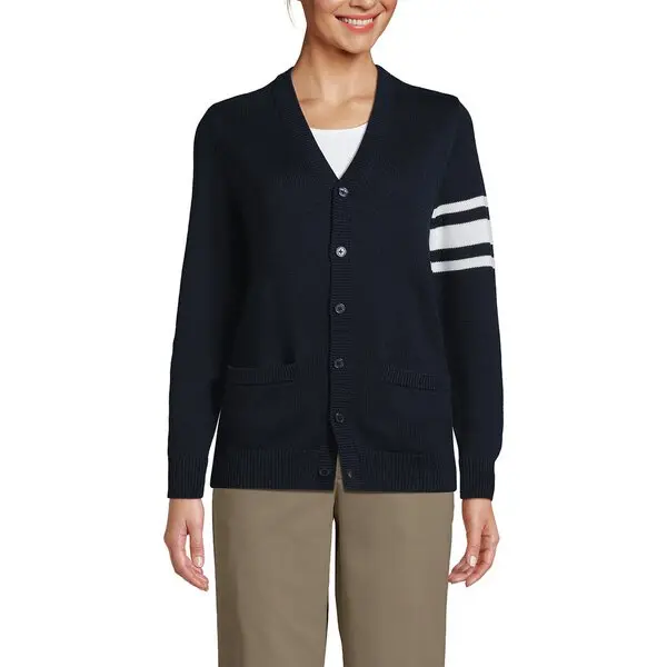 LANDS' END School Uniform Adult Legacy Varsity Cardigan - Varsity Stripe/classic Navy