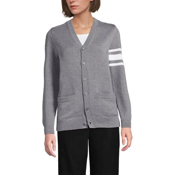 LANDS' END School Uniform Adult Legacy Varsity Cardigan - Varsity Stripe/pewter Heather