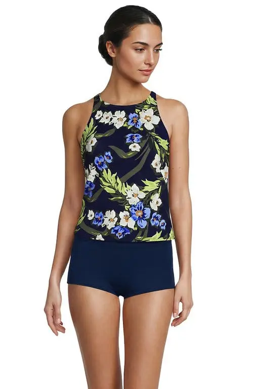 LANDS' END D-cup High Neck Tankini Top With Strappy Back - Deep Sea/blue Floral Tropic