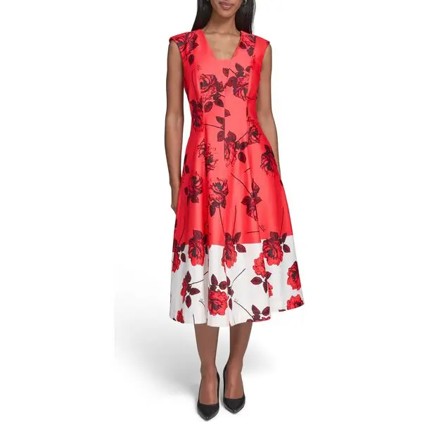 Karl Lagerfeld Paris Floral Colorblock Stretch Cotton Midi Dress - Apple Red Multi