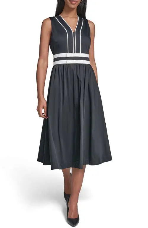 Karl Lagerfeld Paris Sleeveless Stretch Cotton Dress With Bow Detail - Black