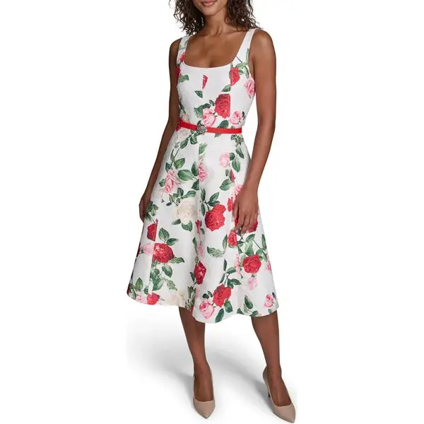 Karl Lagerfeld Paris Rose Brocade Belted Dress - Soft White Multi
