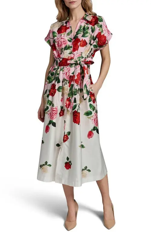 Karl Lagerfeld Paris Floral Stretch Cotton Midi Shirtdress - Cornelia Rose/soft Whit Multi