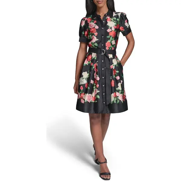 Karl Lagerfeld Paris Floral Print Shirtdress - Black Multi