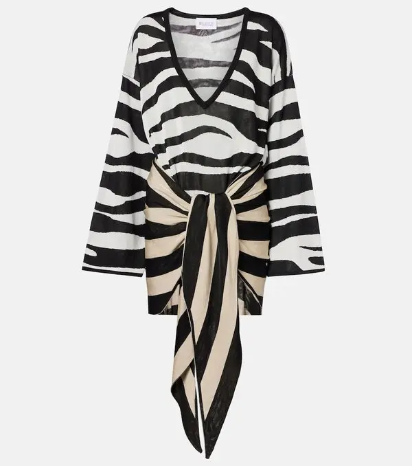 Attico Knitted Zebra-print V-neck Minidress - Black