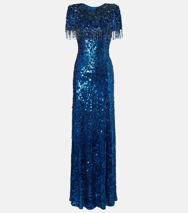 Jenny Packham Embellished Fringed Gown - Blue