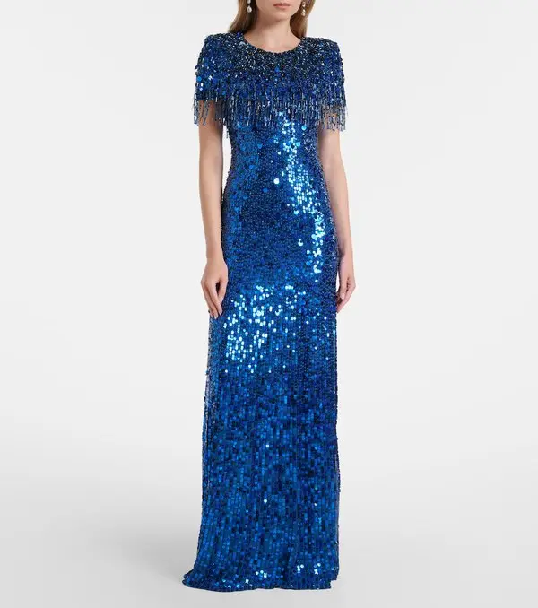 Jenny Packham Embellished Fringed Gown - Blue