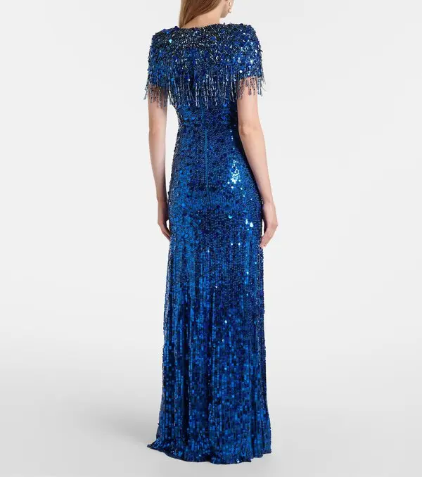 Jenny Packham Embellished Fringed Gown - Blue