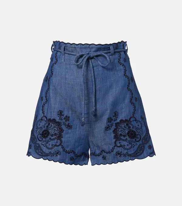 Zimmermann Aster Embroidered Denim Shorts - Blue