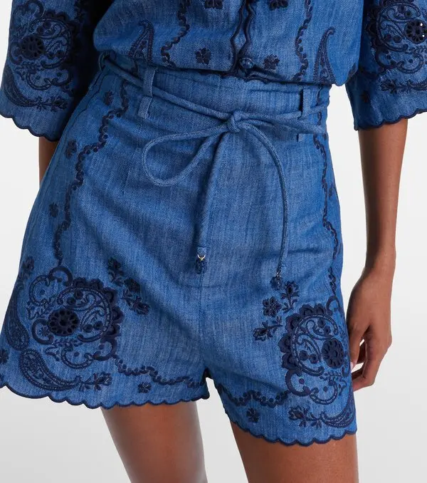 Zimmermann Aster Embroidered Denim Shorts - Blue