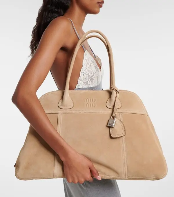 Miu Miu Vivant Large Suede Bowling Bag - Beige