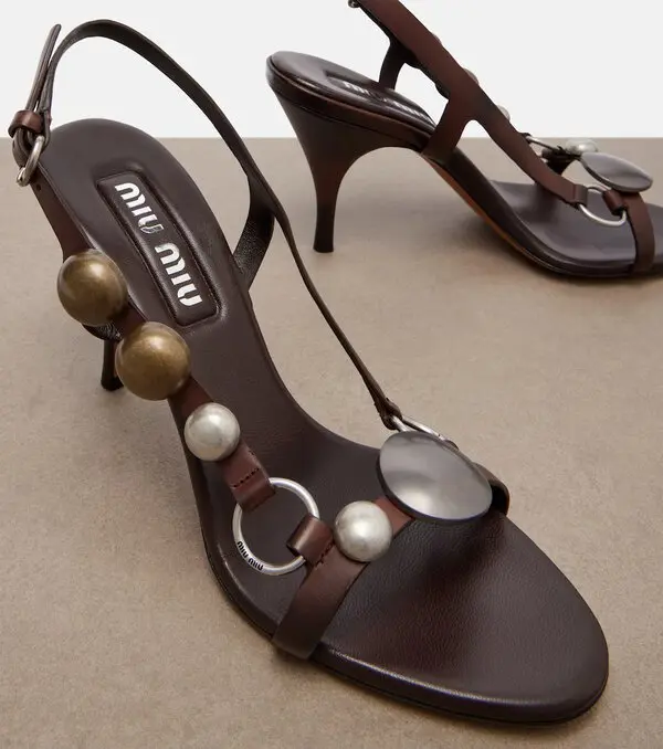 Miu Miu Embellished Leather Slingback Sandals - Brown