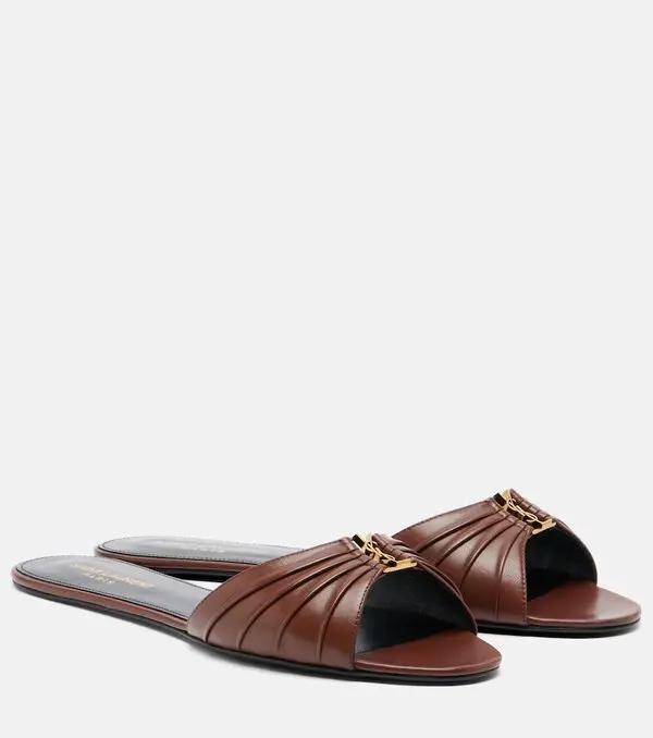 Saint Laurent Babylone Leather Slides - Brown
