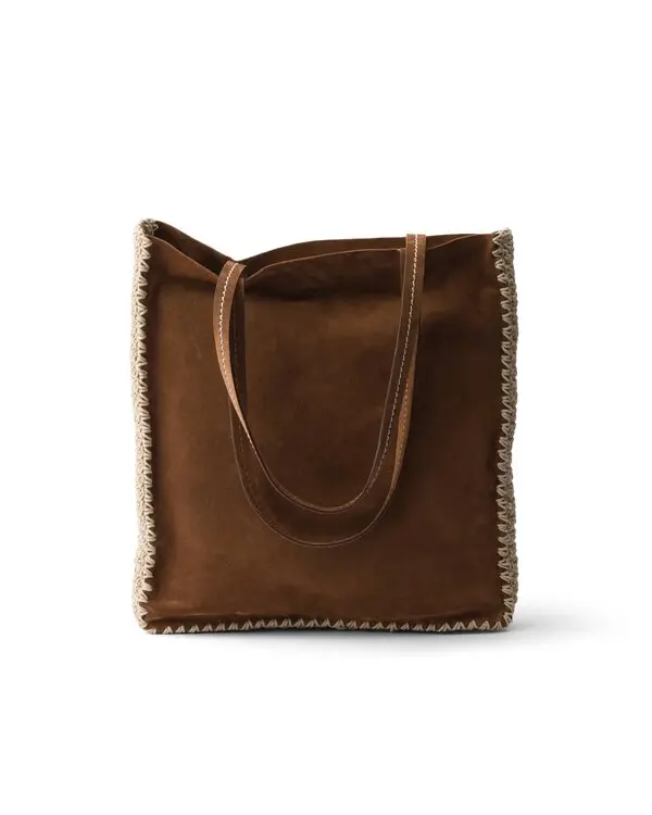 Prada Large Suede And Crochet Tote Bag - Brown