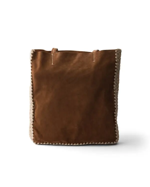 Prada Large Suede And Crochet Tote Bag - Brown