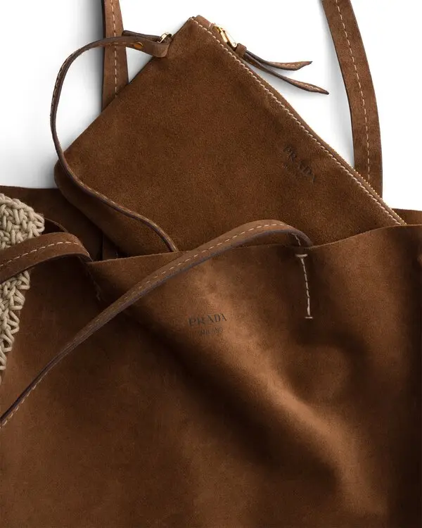 Prada Large Suede And Crochet Tote Bag - Brown