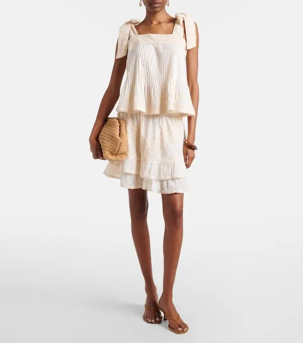 JULIET DUNN Ruffled Lace-trimmed Cotton Miniskirt
