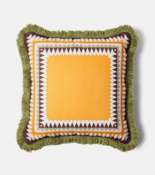 La DoubleJ Fringed Printed Canvas Cushion - Multicoloured