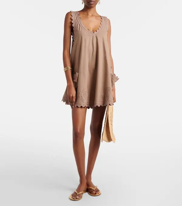 JULIET DUNN Embroidered Cotton Mini Dress - Brown