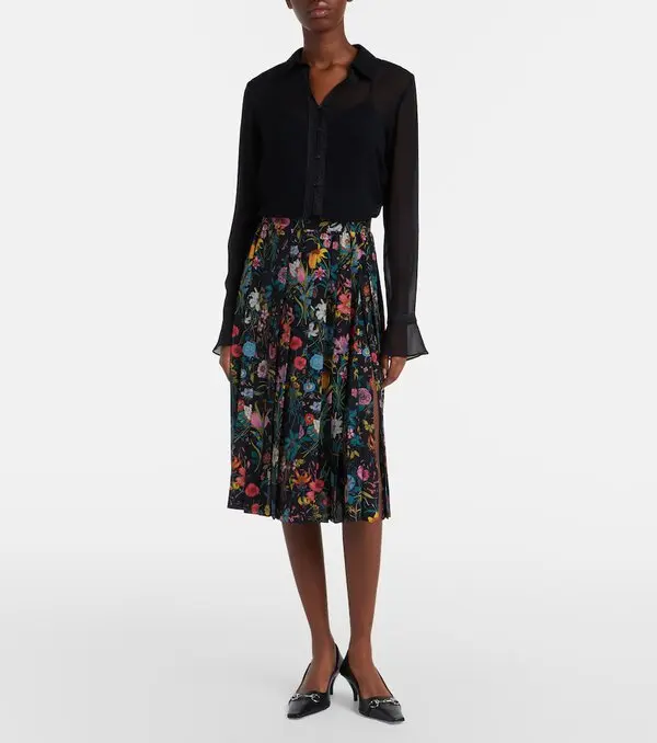 Gucci Flora Pleated Silk Midi Skirt