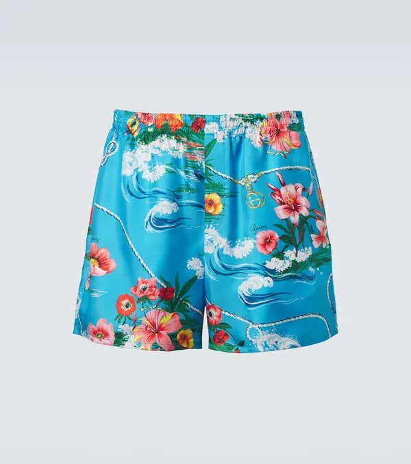 Gucci Printed Silk Twill Shorts - Blue
