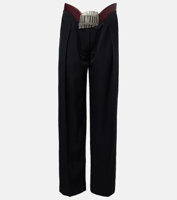 JEAN PAUL GAULTIER Leather-trimmed Wool Wide-leg Pants - Black