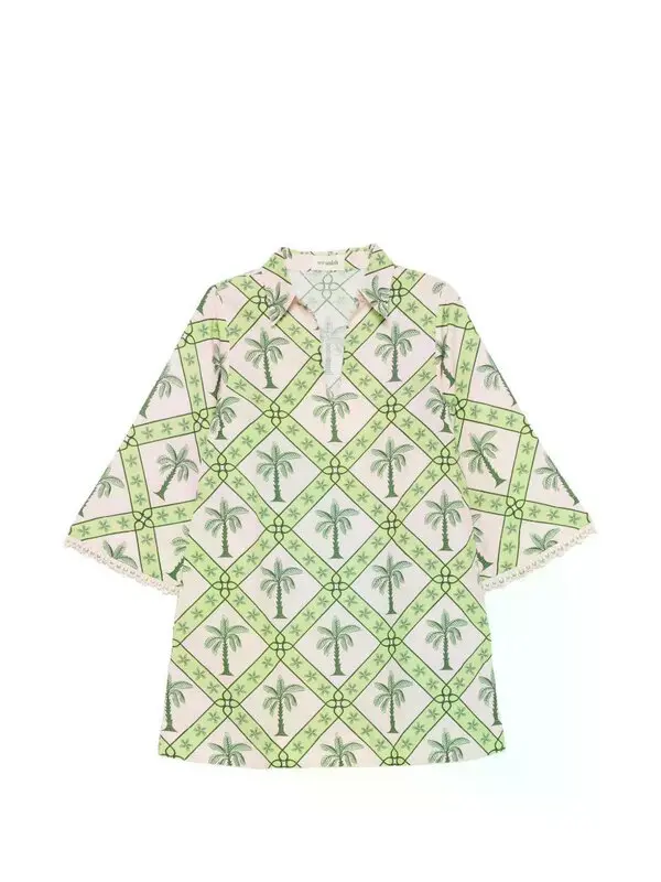 Verandah Mini Dress With Palm Print And Bell Sleeves - Pink