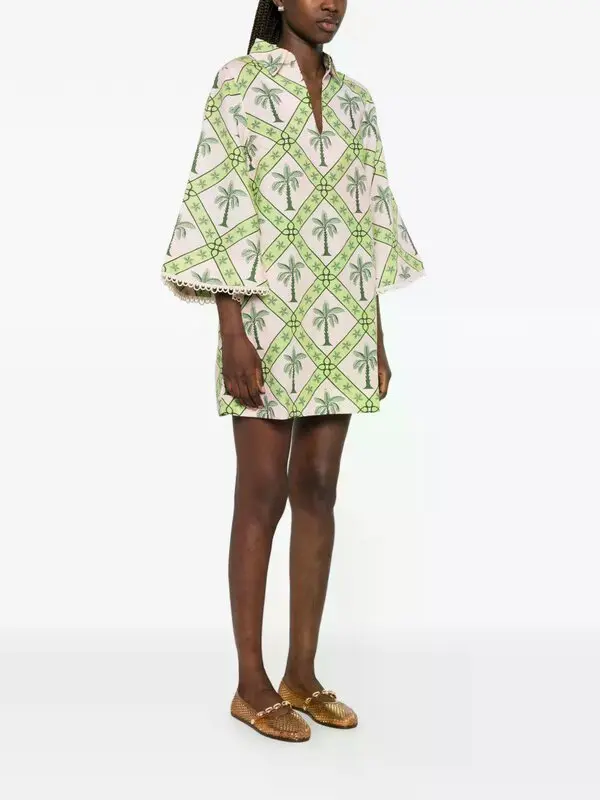 Verandah Mini Dress With Palm Print And Bell Sleeves