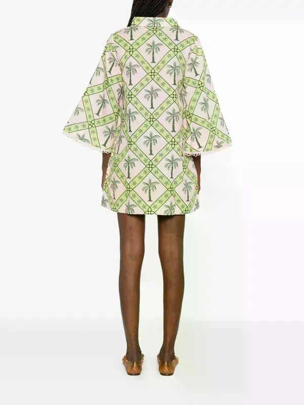 Verandah Mini Dress With Palm Print And Bell Sleeves