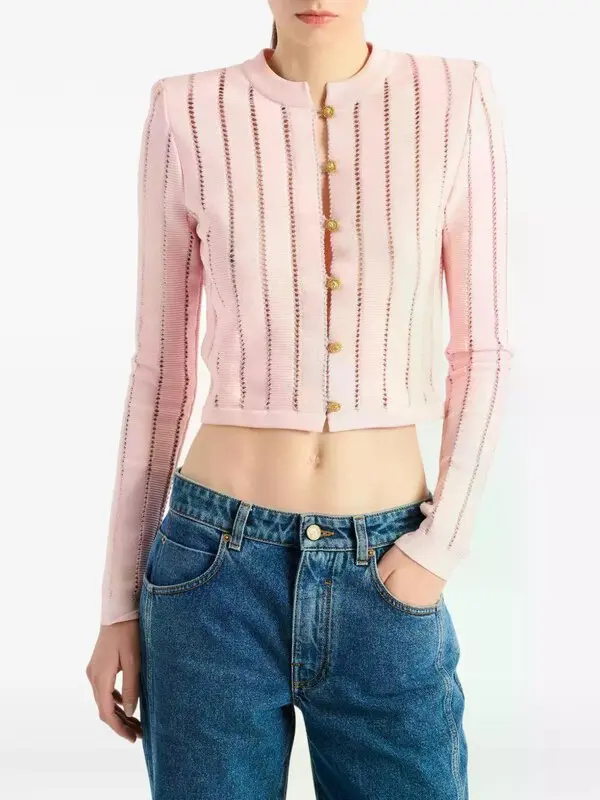 Balmain Cropped Fléchage Knit Cardigan With Lion Head Buttons - Pink