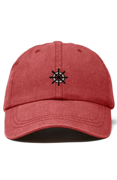 DALIX Ship Wheel Embroidered Cotton Twill Dad Hat - Washed Red