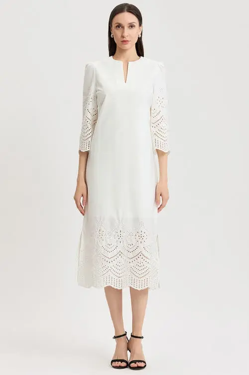 Ming Wang Eyelet Straight Cotton Maxi Dress