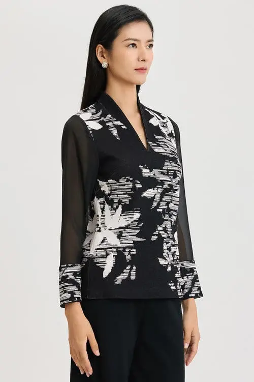 Ming Wang Mixed-media Floral Jacquard Knit Tunic